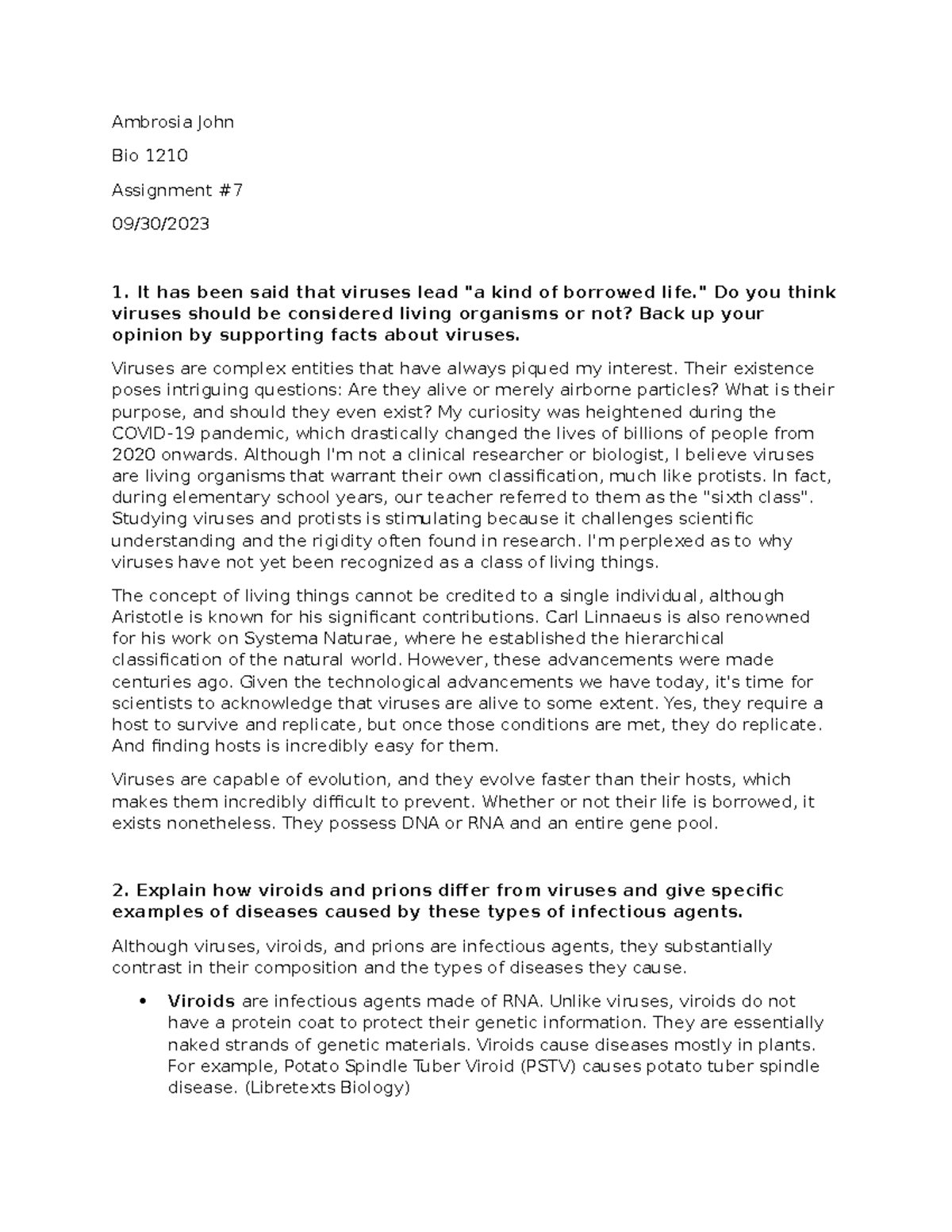 Bio Assignment 7 (viruses) - Ambrosia John Bio 1210 Assignment # 09/30 ...