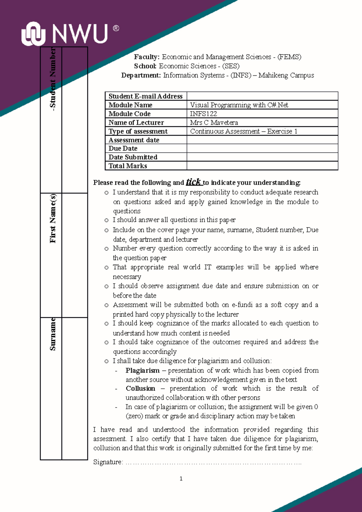 INFS122 Continous Assessment Exercise 1 - Faculty: Economic and Management Sciences - (FEMS ...