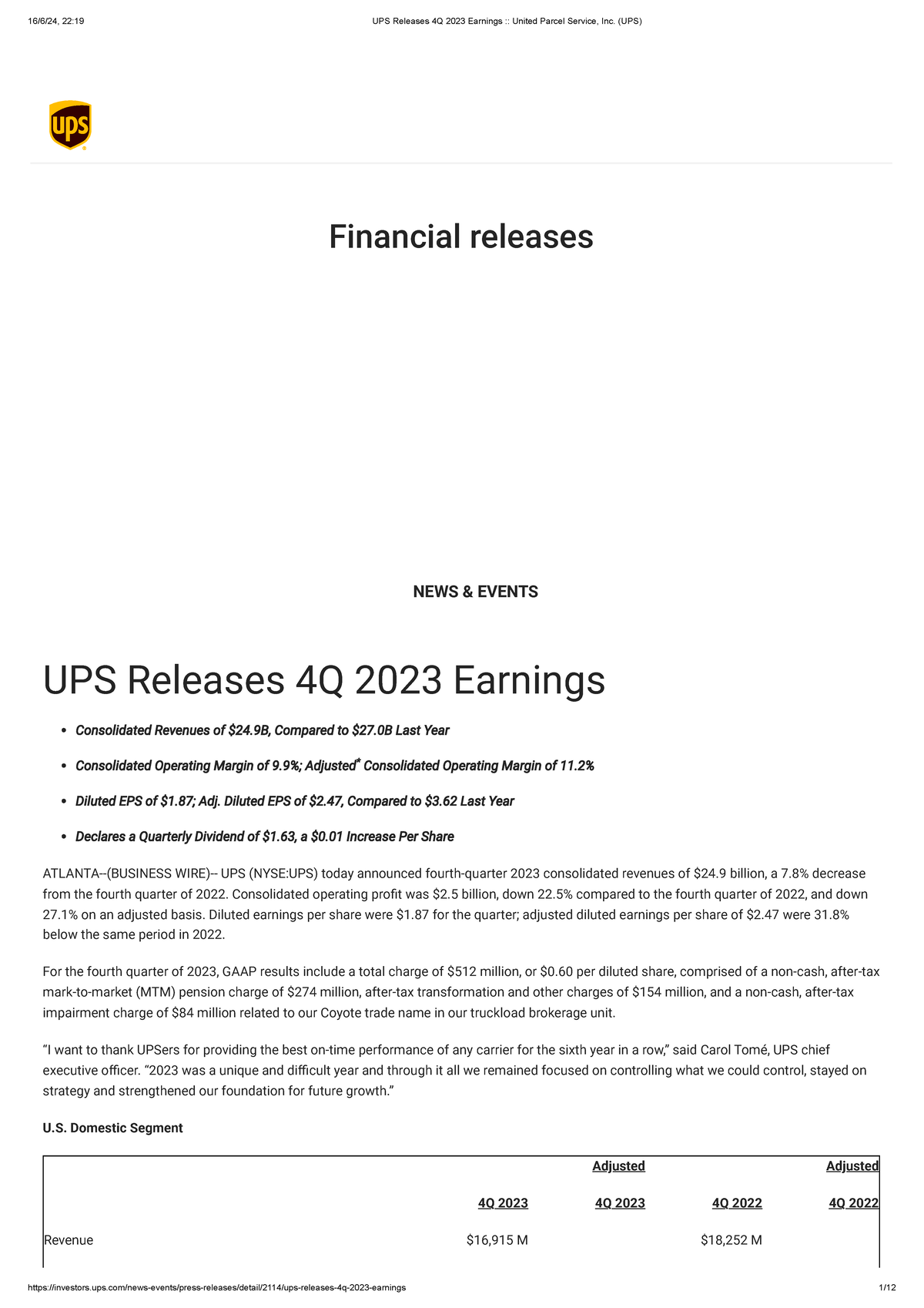 UPS Releases 4Q 2023 Earnings United Parcel Service, Inc. (UPS ...