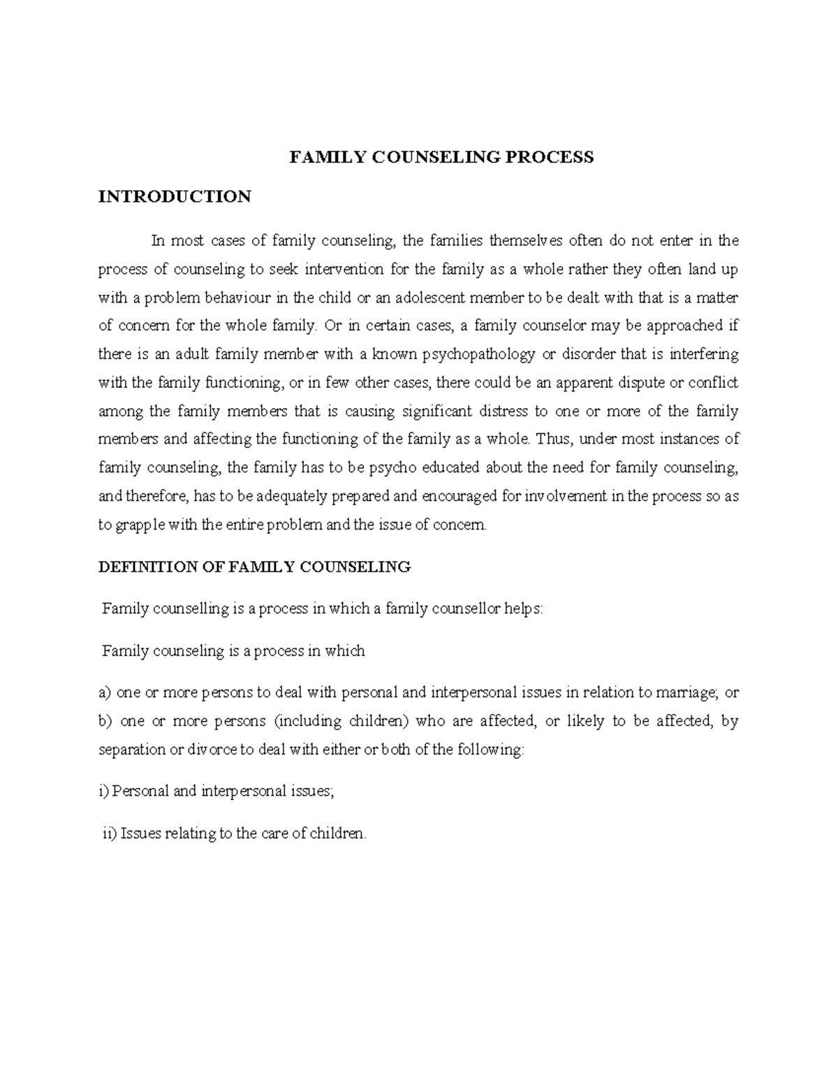 Family counselling process - FAMILY COUNSELING PROCESS INTRODUCTION In ...