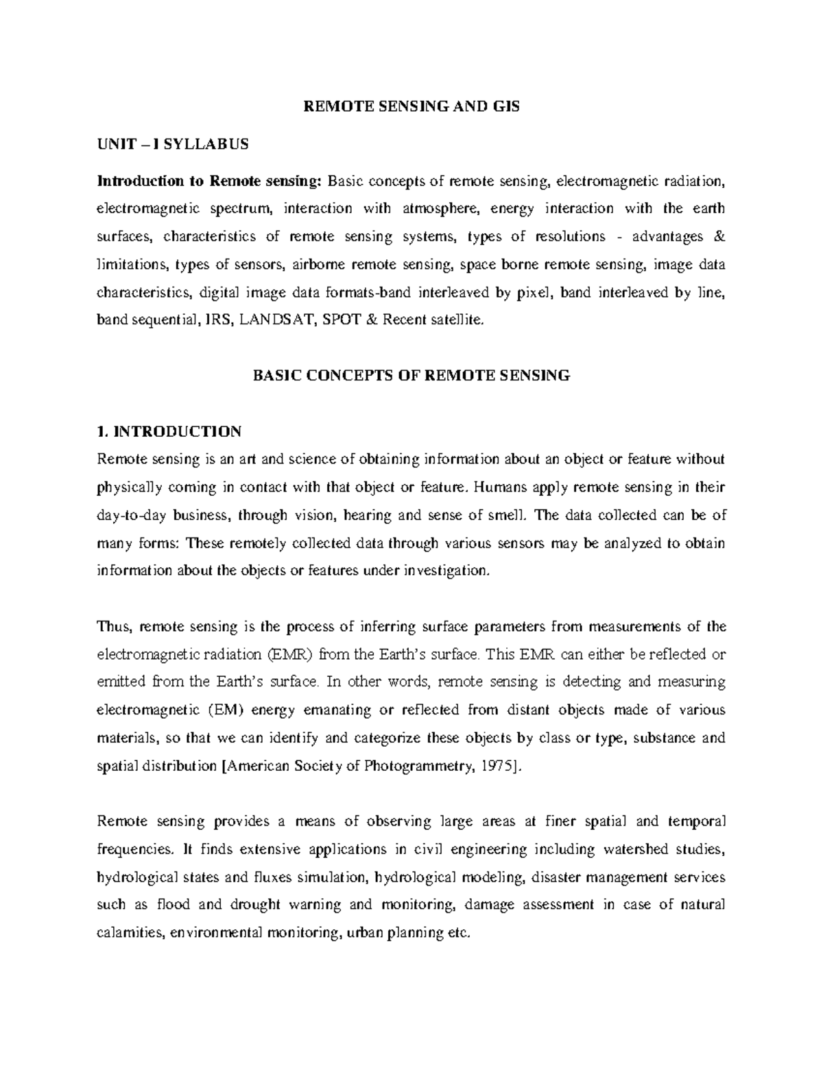 RS&GIS UNIT-1 Material - REMOTE SENSING AND GIS UNIT – I SYLLABUS ...