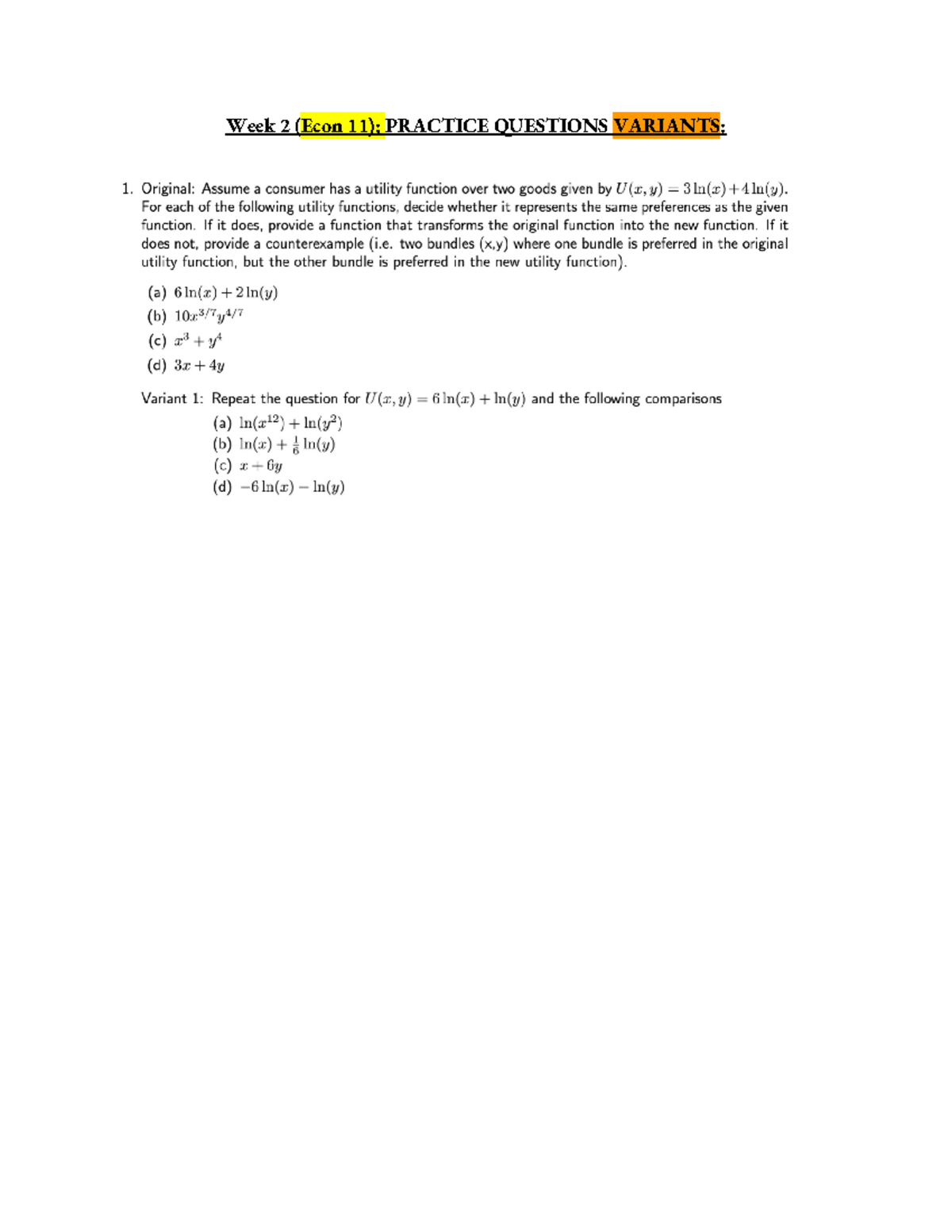 Variants - Practice materials for topic 2 (Utility Maximization) - Week 2 (Econ PRACTICE ...