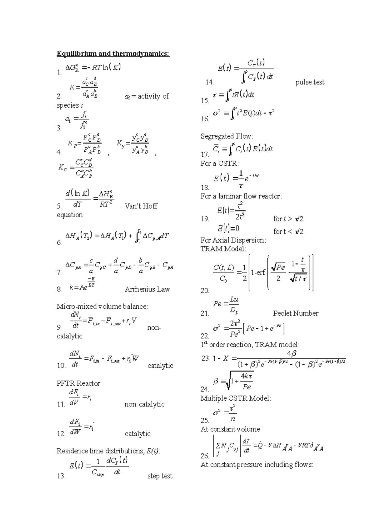 Formula sheet - Equilibrium and thermodynamics: 1. o G RT KR ln 2. K ...