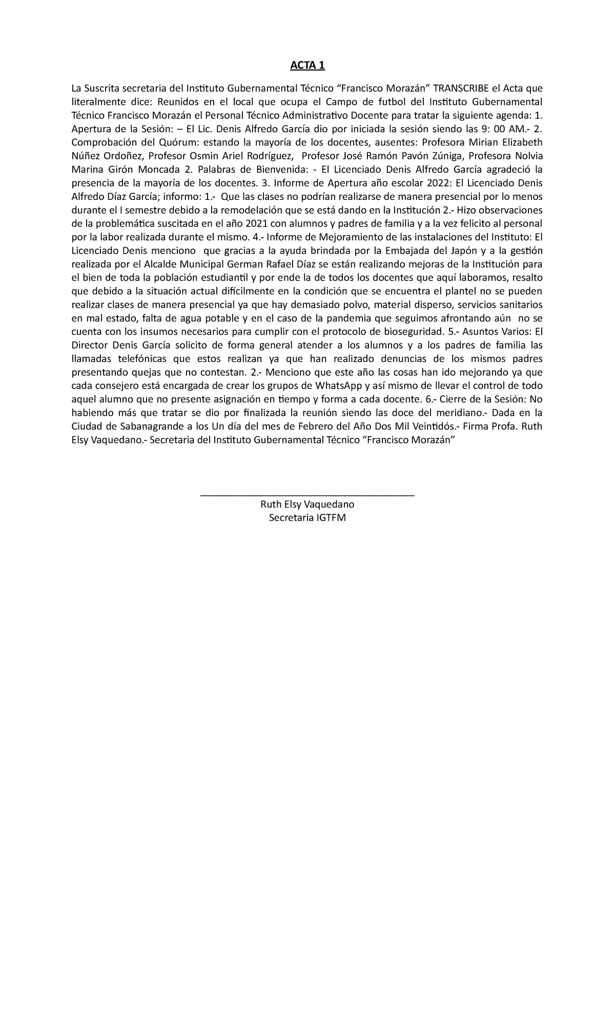 Actas 2022 - Noveno grado - La Suscrita secretaria del Instituto Gubernamental Técnico ...