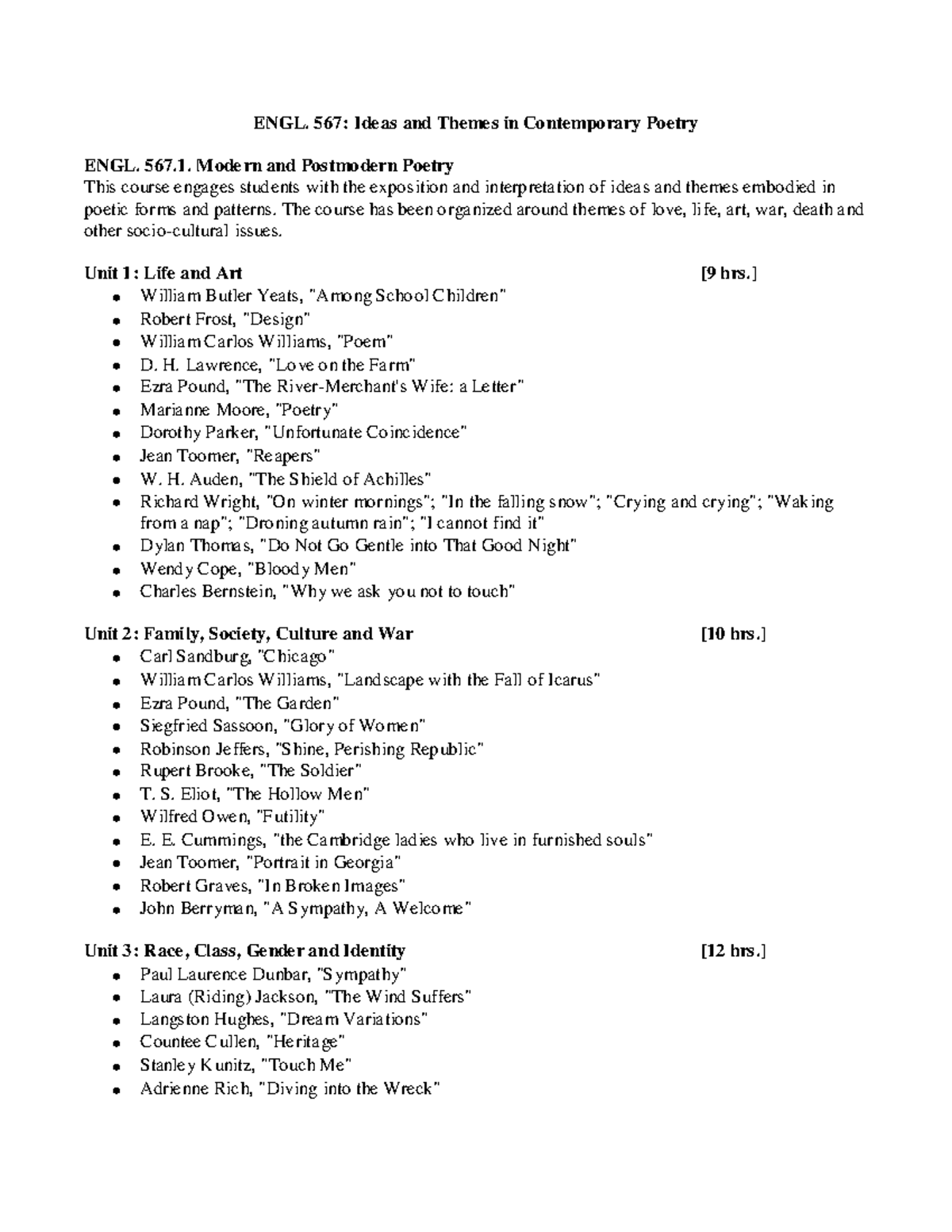 ENGL567 Ideas and Themes in Contemporary Poetry - ENGL. 567: Ideas and ...