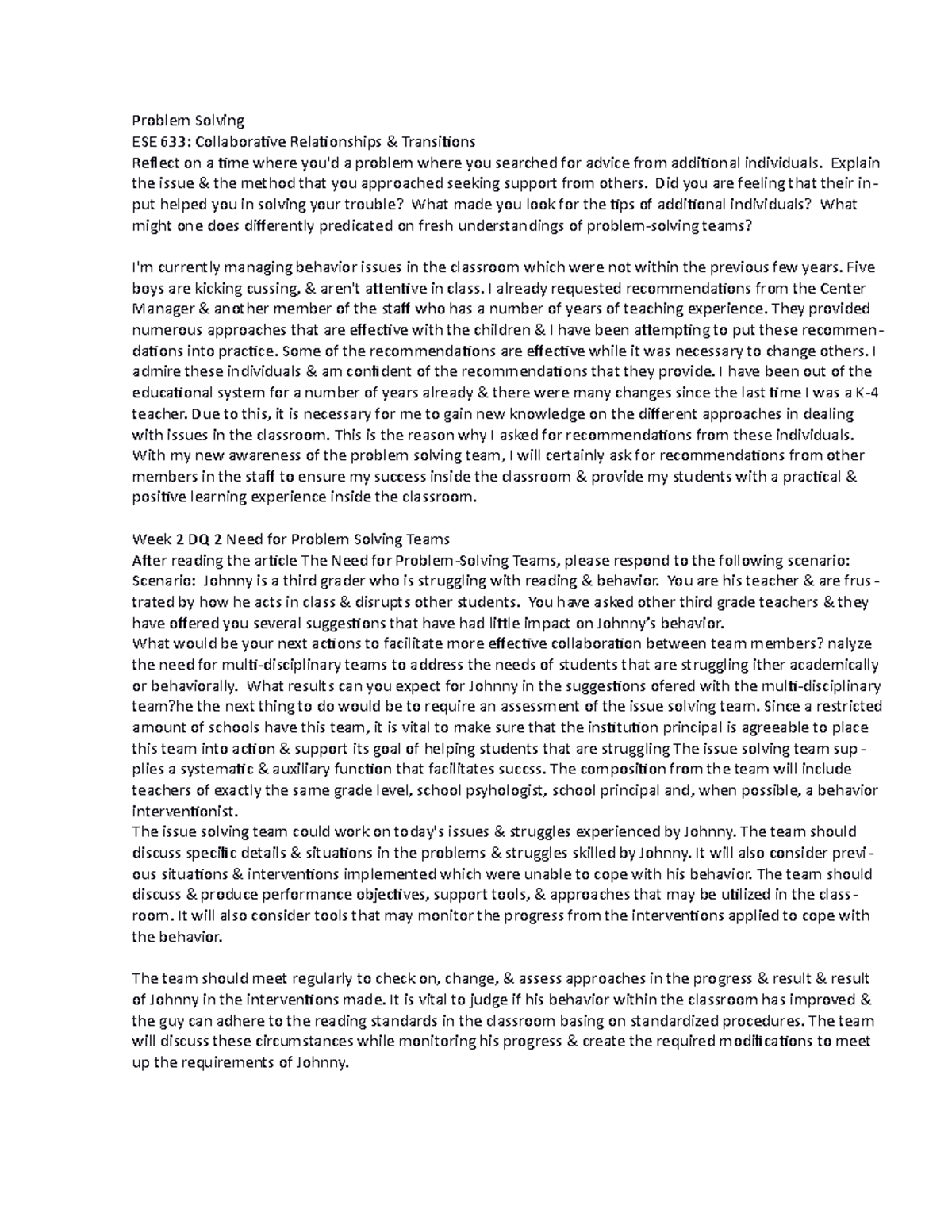 Week 2 Journal Problem Solving - Problem Solving ESE 633: Collaborative ...