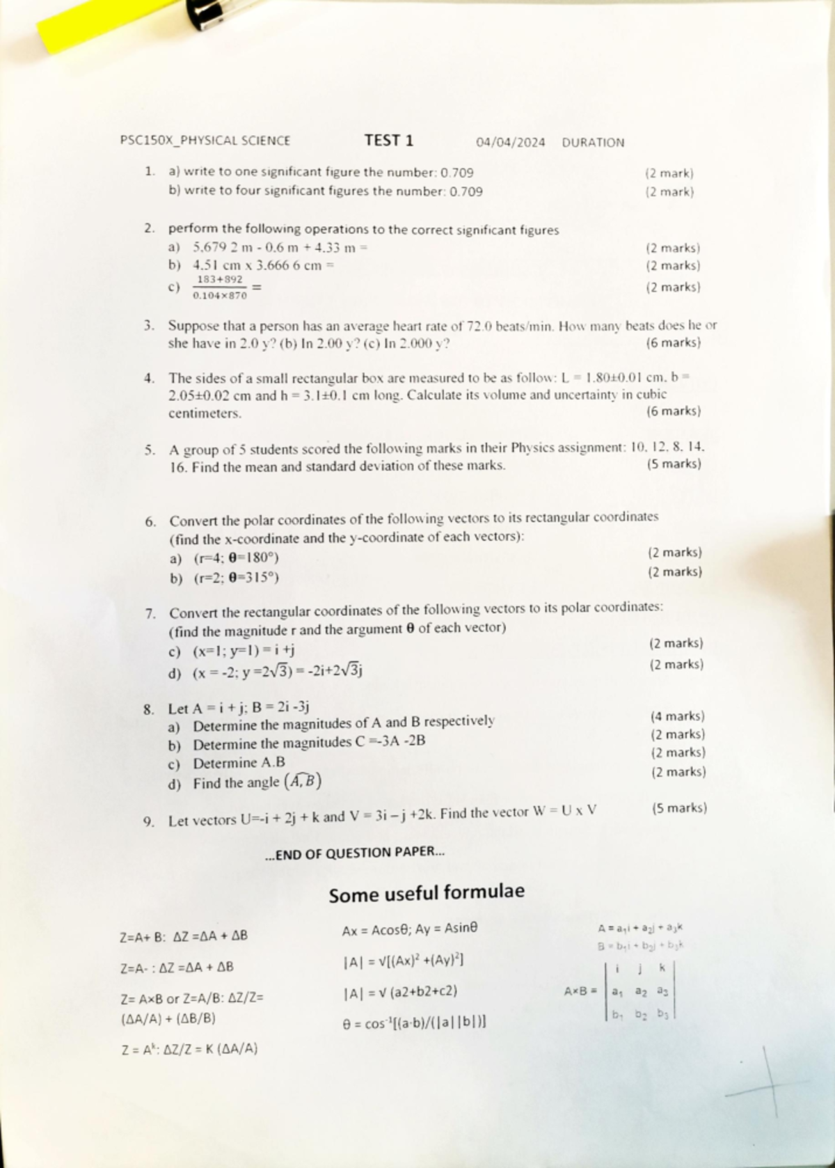 physics test semester 1 - PSC150X_PHYSICAL SCIENCE TEST 1 DURATION 1. a ...
