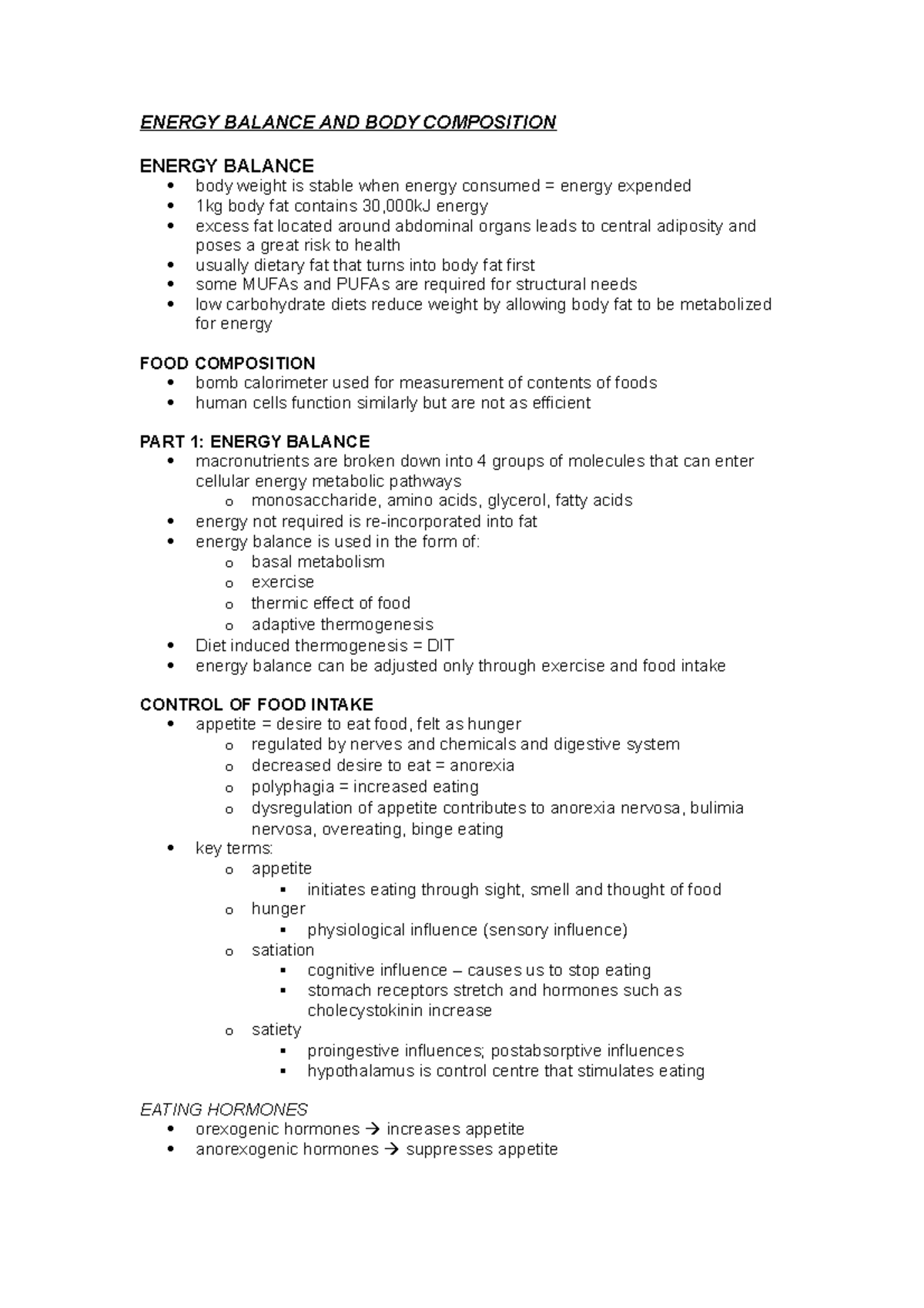 Energy balance and body composition - ENERGY BALANCE AND BODY COMPOSITION ENERGY BALANCE body ...