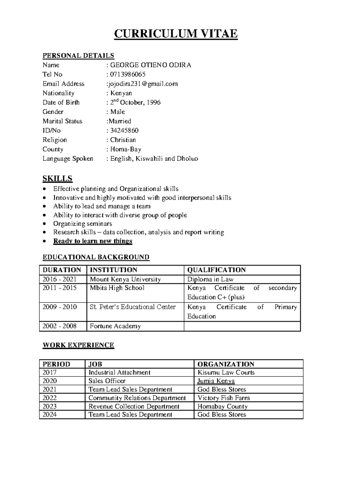 Curriculum Vll ITAE - George - CURRICULUM VITAE PERSONAL DETAILS Name ...