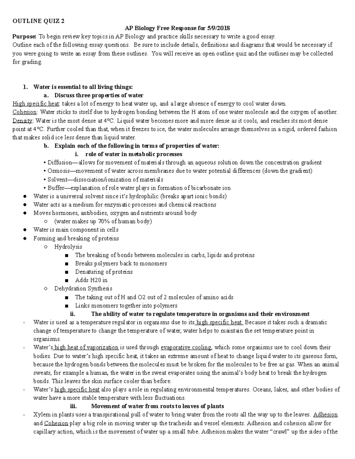 AP Biology Quiz 2: Water Properties and Cell Membranes - Studocu