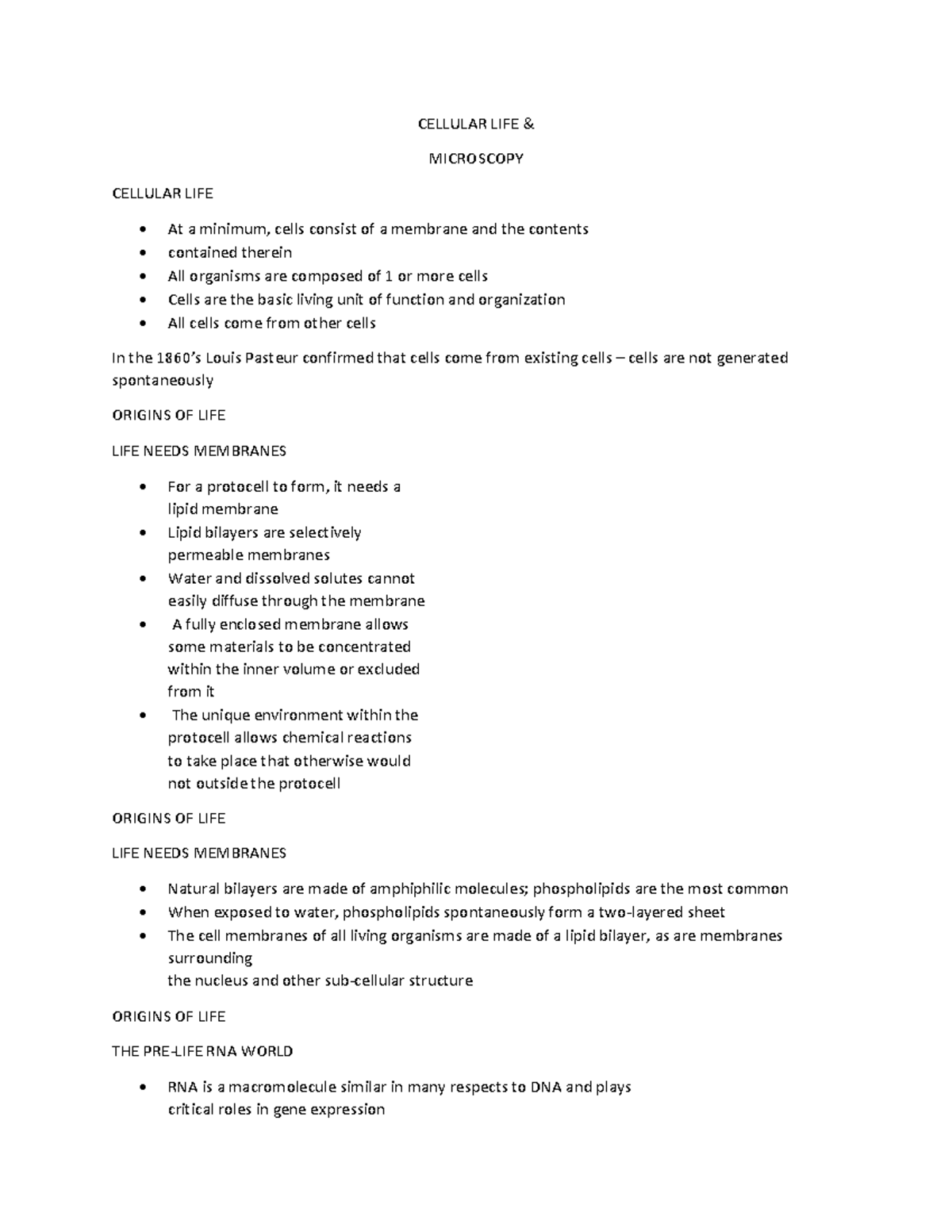 Cellular LIFE Notes - CELLULAR LIFE & MICROSCOPY CELLULAR LIFE At a ...