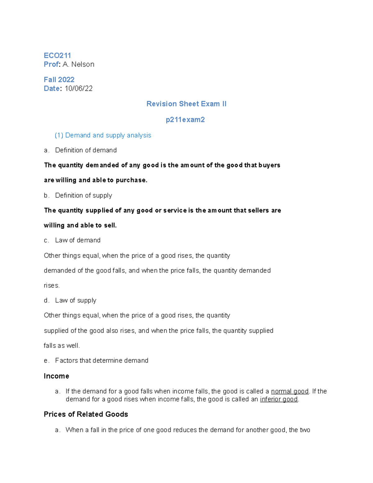 Economics EXAM 2 - ECO Prof: A. Nelson Fall 2022 Date: 10/06/ Revision ...