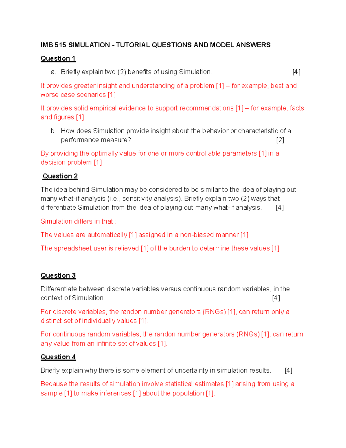 IMB 515 Simulation Tutorial questions with solutions - IMB 515 SIMULATION - TUTORIAL QUESTIONS ...