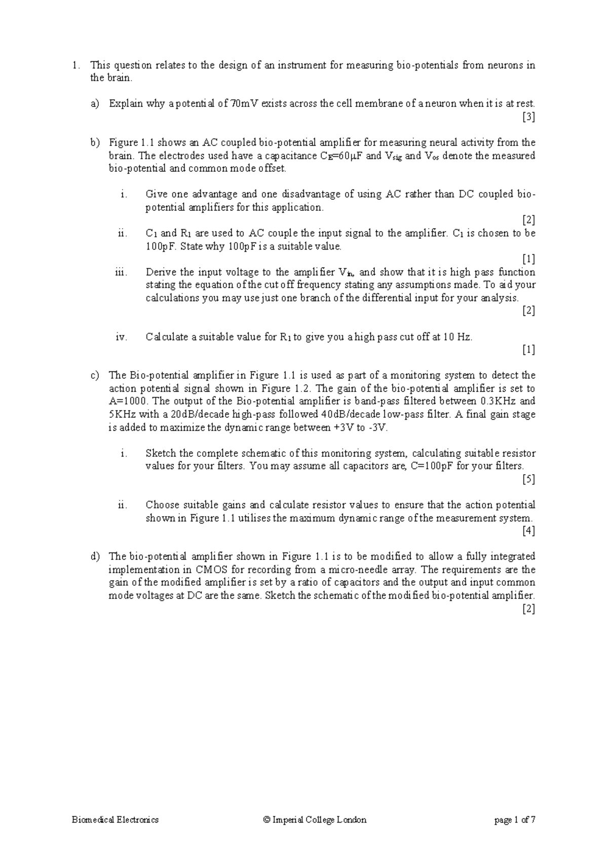 Biomedical Electronics ELEC96006 Exam Paper 2019 - This question ...