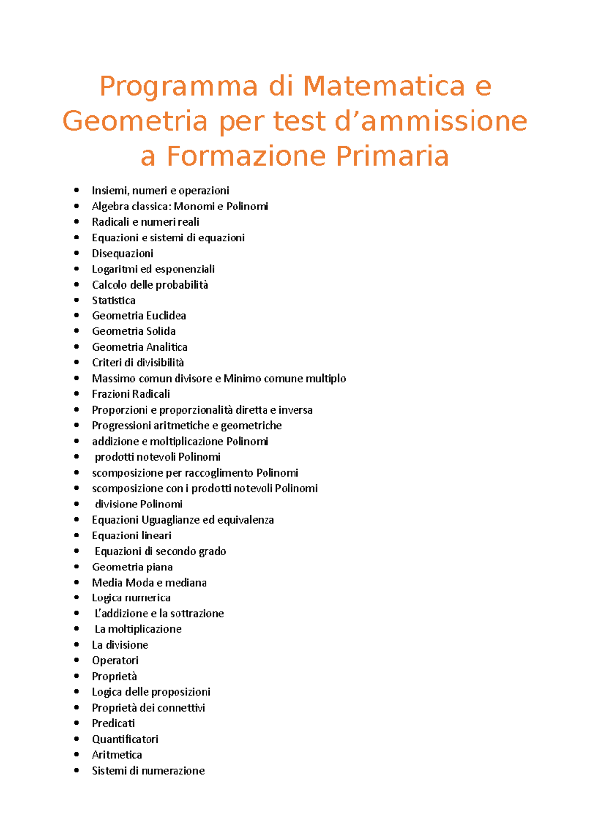 Programma di Matematica e Geometria per test d - Programma di ...