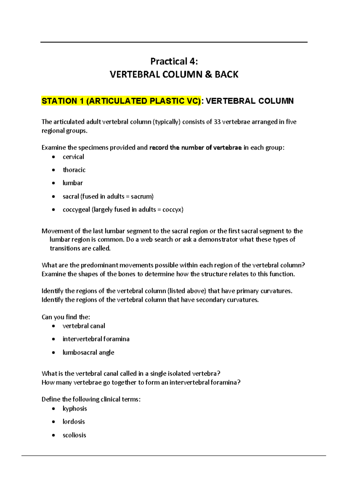 BIOM2020 2024 S1 Practical 4 Vertebral Column Back Week4 - Practical 4 ...