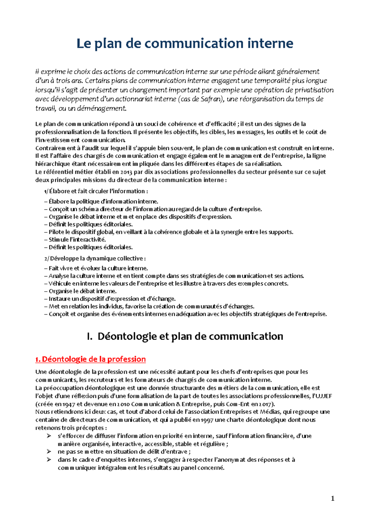 Fiche cours Plan de communication interne M1RH 12 - Le plan de communication interne Il exprime ...