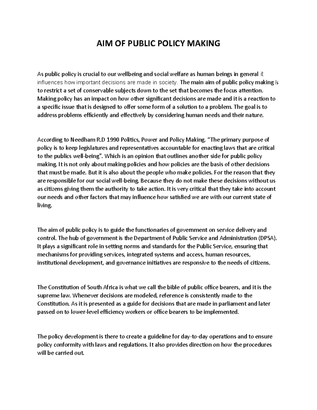 AIM OF Public Policy Making - AIM OF PUBLIC POLICY MAKING As public ...