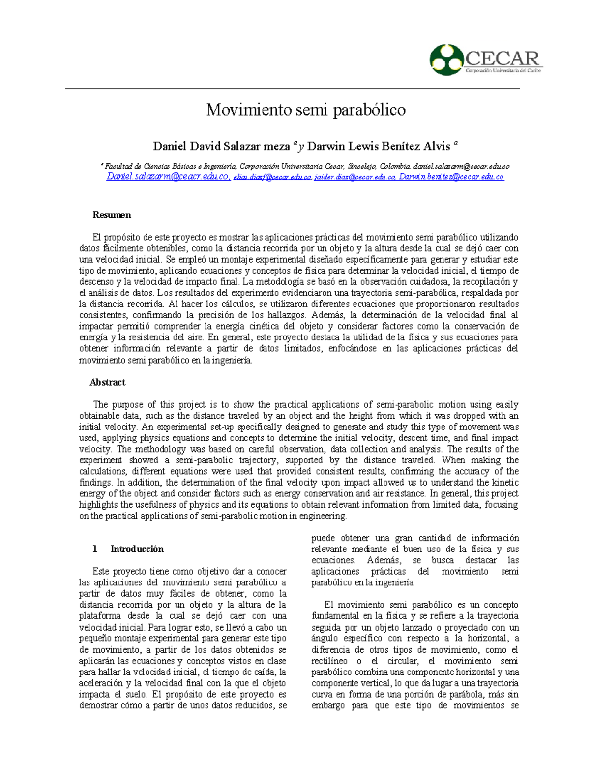 Fisica proyecto - bien - Movimiento semi parabólico Daniel David ...