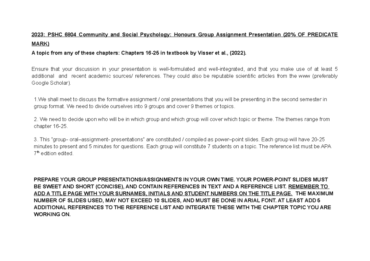 PSHC 6804, 2023, Assignment presentation outcomes and assessment rubric ...