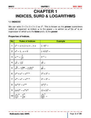 Chapter 1 Number System - 1 Real Numbers 1 Complex Numbers 1 Indices, Surds and Logarithms 1 ...