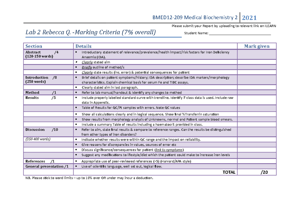 Lab 2 Criteria Sheet Iron Studies Report 222 - BMED12-209 Medical ...