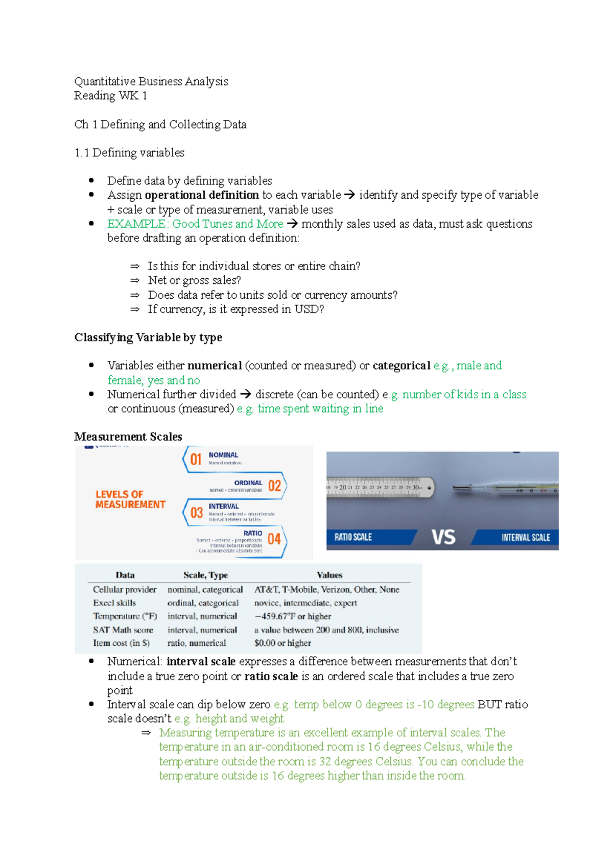 Notes week 1 BUSS1020 - Quantitative Business Analysis Reading WK 1 Ch ...