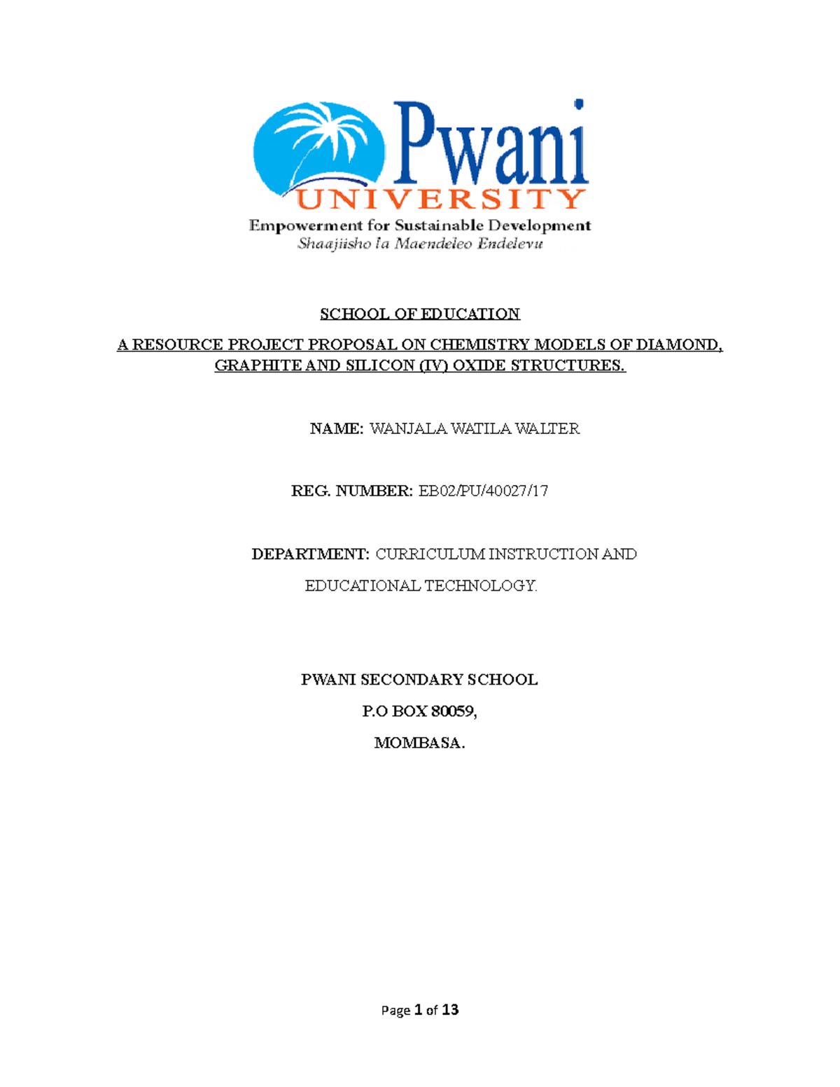 Walter Project Proposal - SCHOOL OF EDUCATION A RESOURCE PROJECT ...