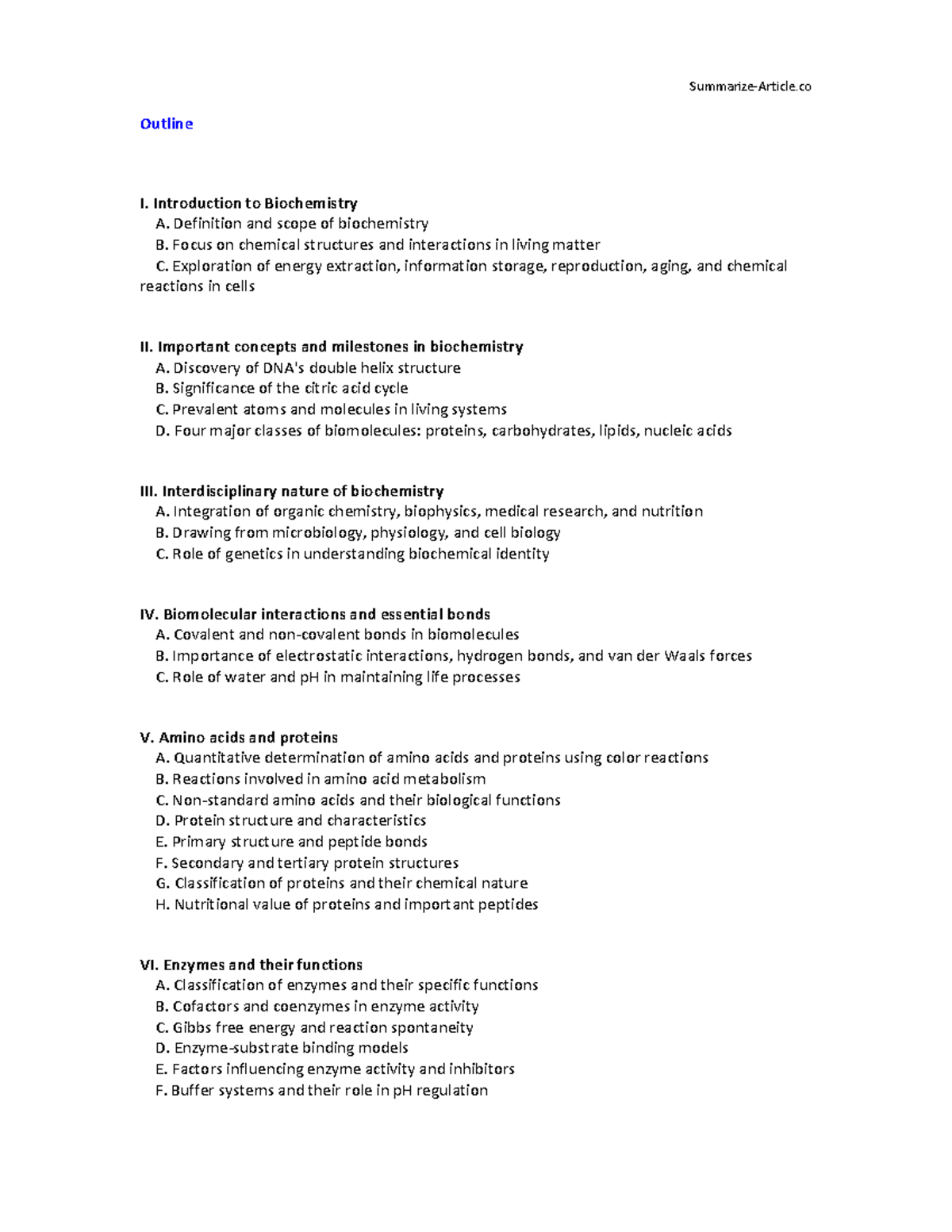 summary of the first unit of biochemistry - Outline I. Introduction to ...