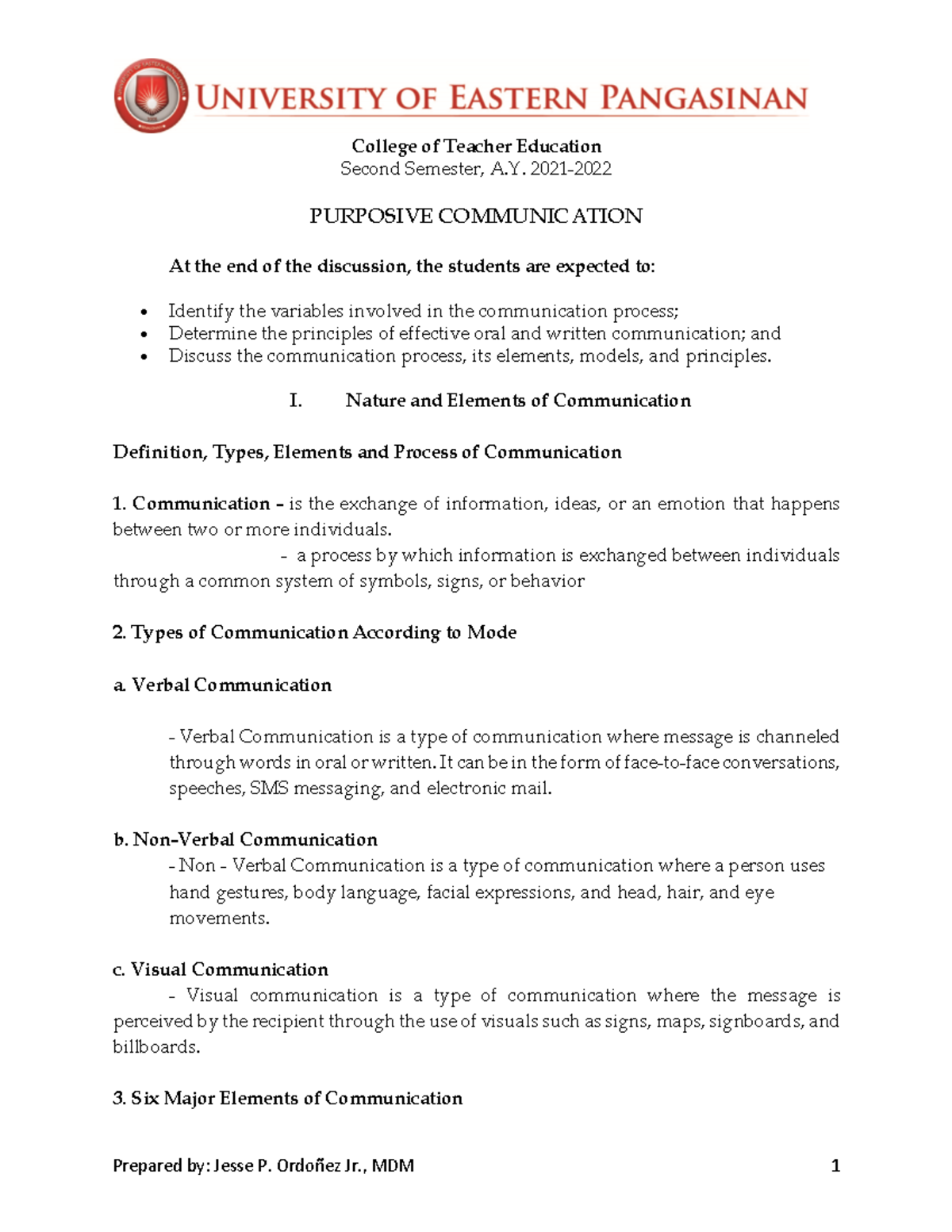 Ge5 Lecture Notes 1 Purposive Communication College Of Teacher
