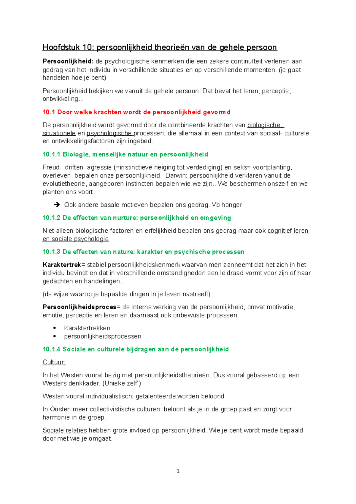 Hoofdstuk 10 persoonlijkheid - Hoofdstuk 10: persoonlijkheid theorieën ...