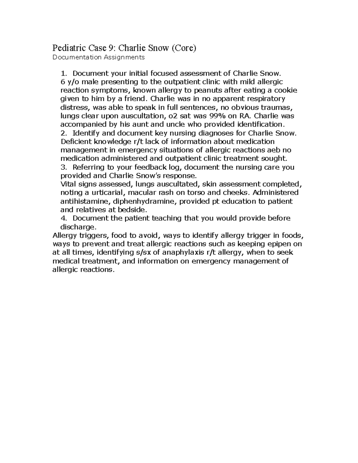 Charlie Snow v Sim 2 - Pediatric Case 9: Charlie Snow (Core ...