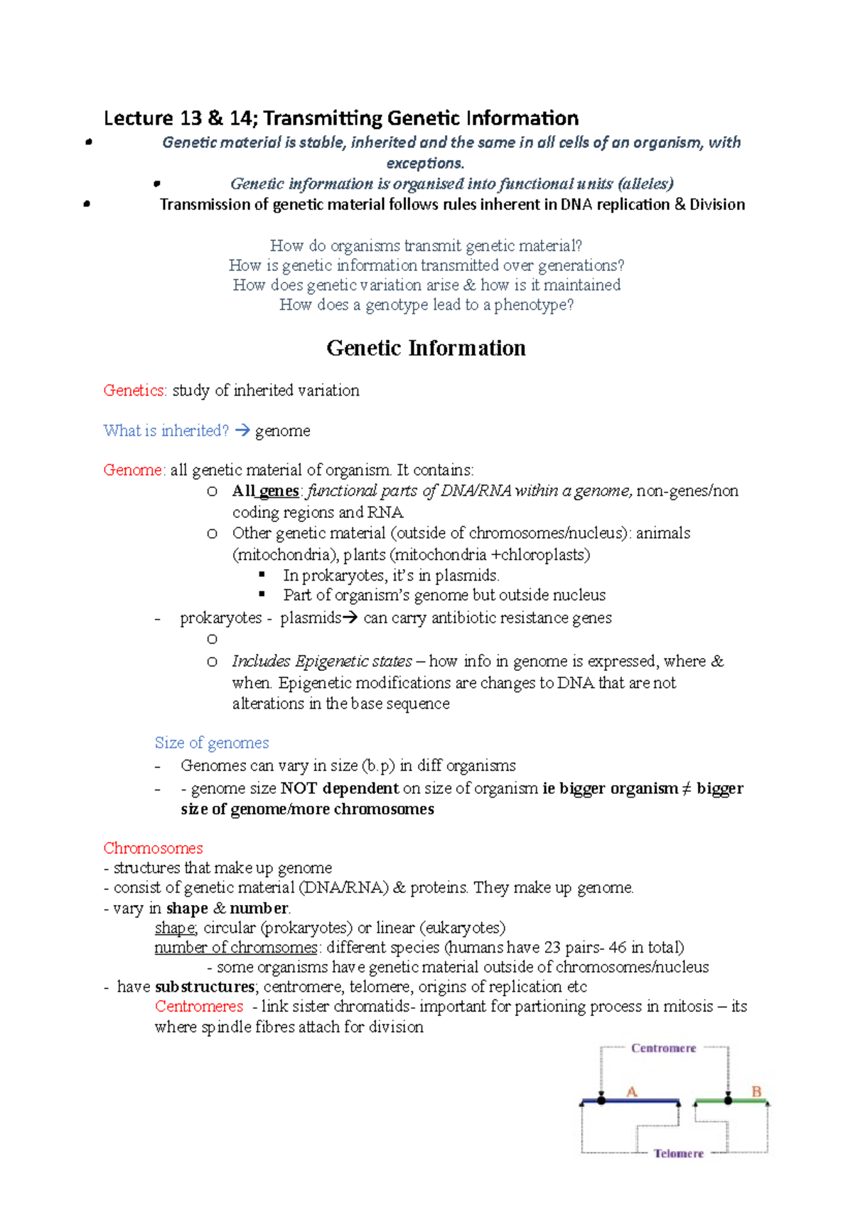 Lecture 13 & 14 (Genetics) Summaries & Notes with Diagrams - Lecture 13 ...