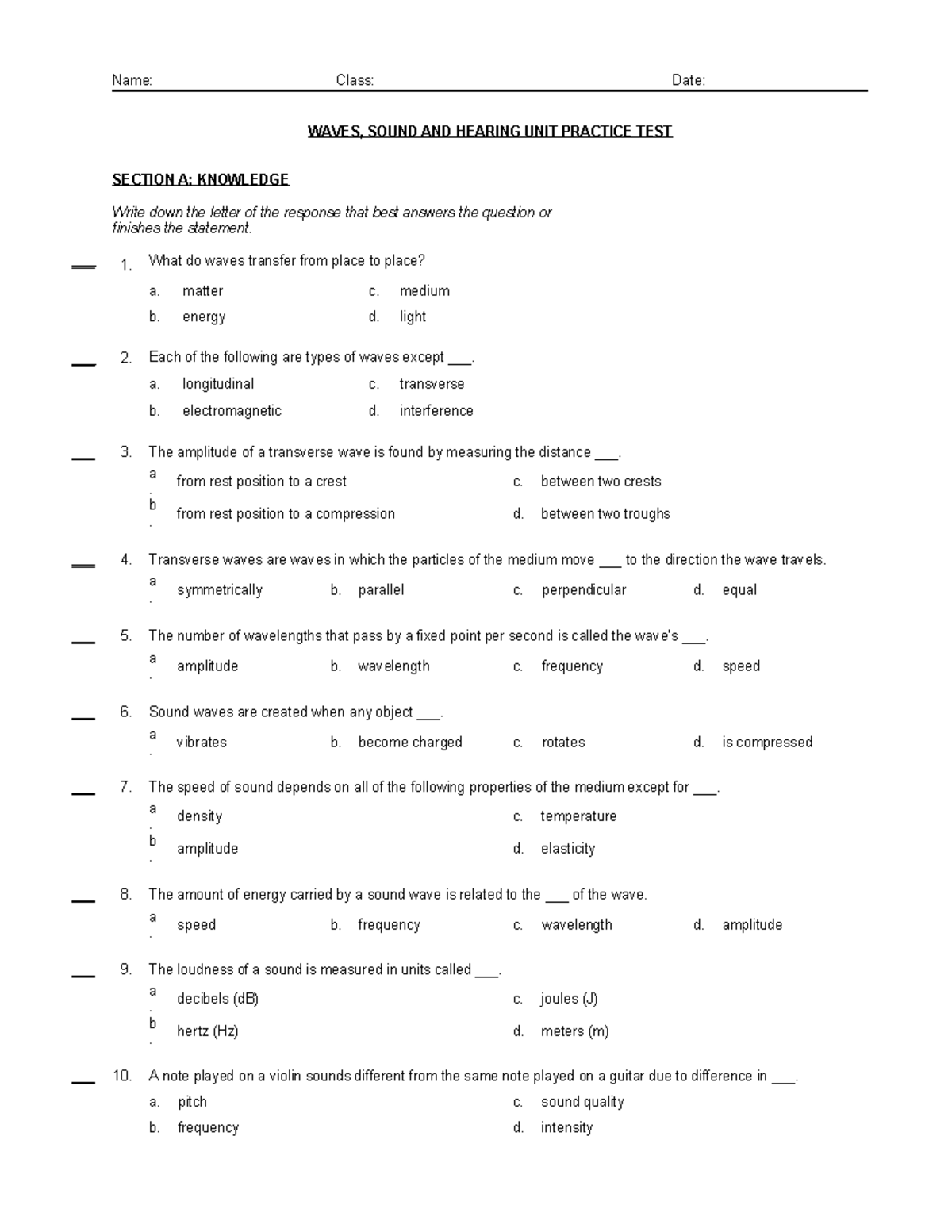 roar - Mechanical wave - Practice test - Name: Class: Date: WAVES ...