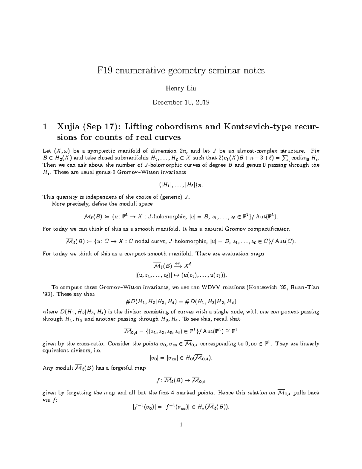Geometry notes - F19 enumerative geometry seminar notes Henry Liu ...