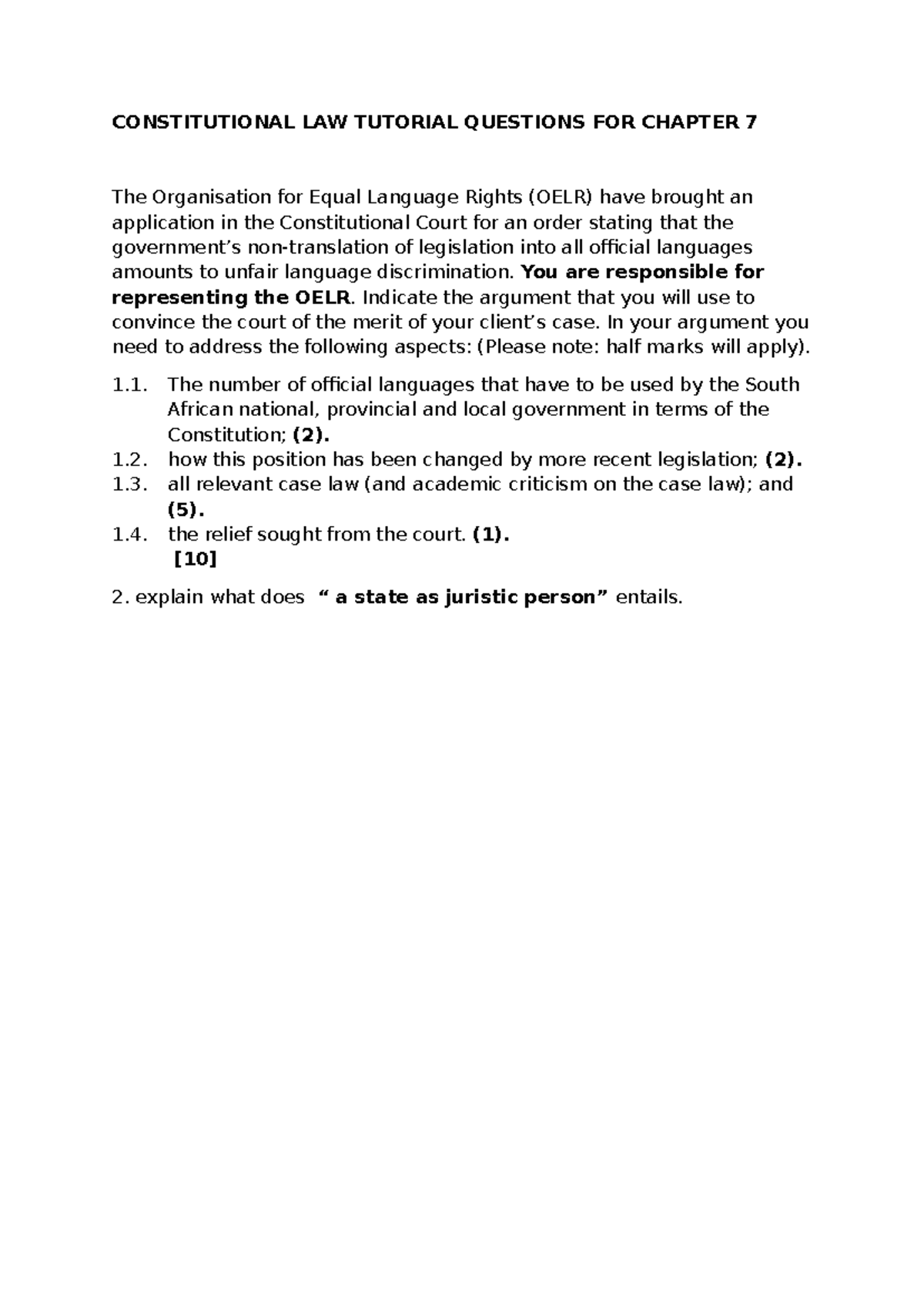 Constitutional LAW Tutorial Questions FOR Chapter 7 - CONSTITUTIONAL ...