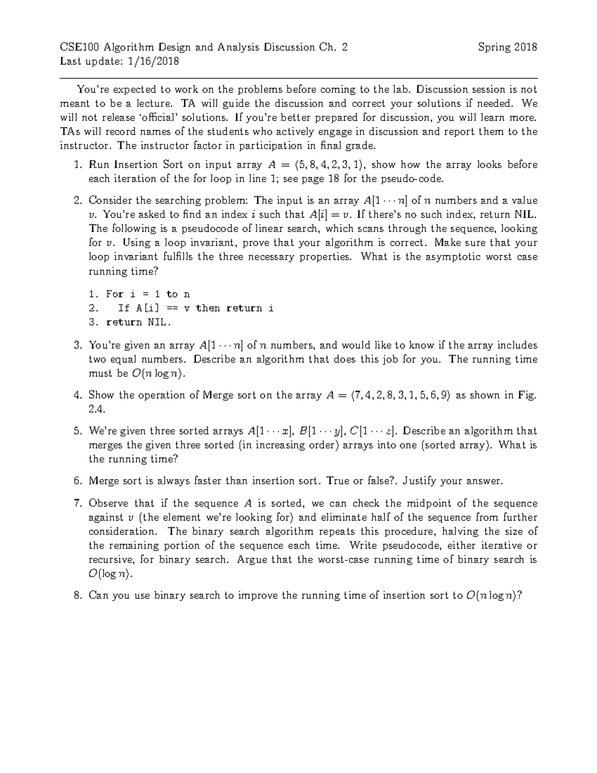Discussion-ch02 - Professor Sungjim Im, Ch2 questions - CSE100 Algorithm Design and Analysis ...