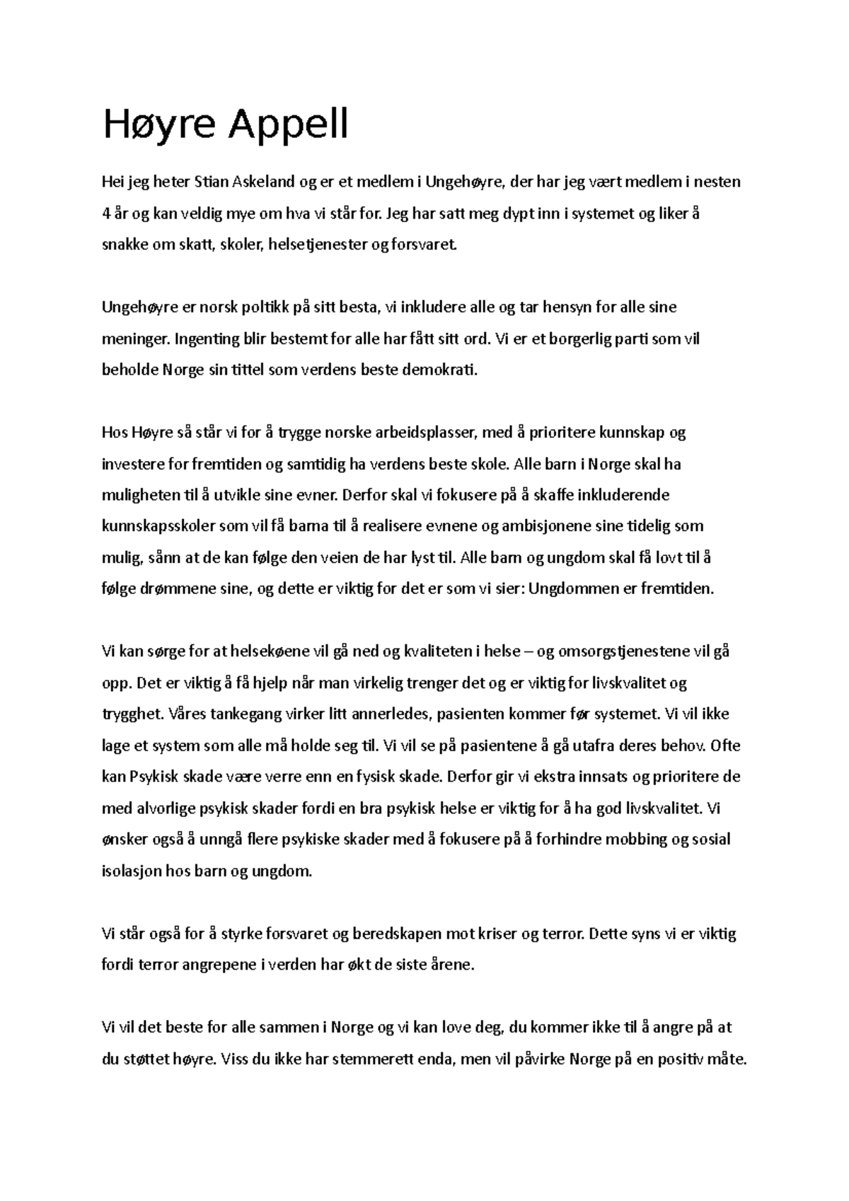 Høyre Appell - Notater - Høyre Appell Hei jeg heter Sian Askeland og er ...