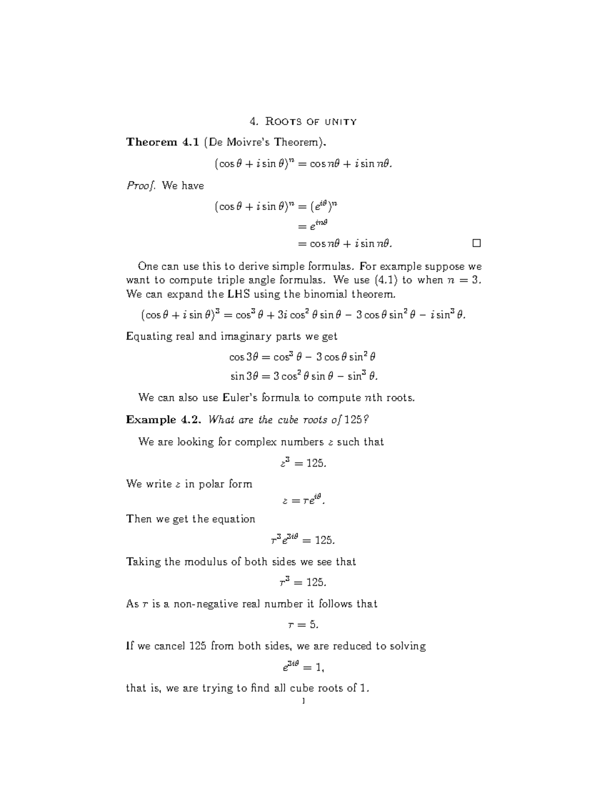 L 4 - Summary Business Maths I - Roots of unity Theorem 4 (De Moivre’s ...