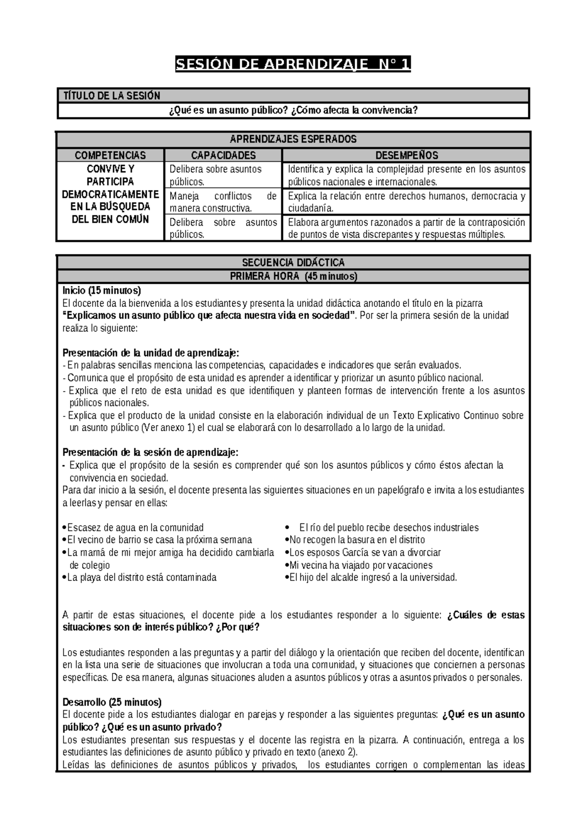 Sesión Aprendizaje 1 Asunto Publico DPCC mint - SESIÓN DE APRENDIZAJE N° 1 TÍTULO DE LA SESIÓN ...