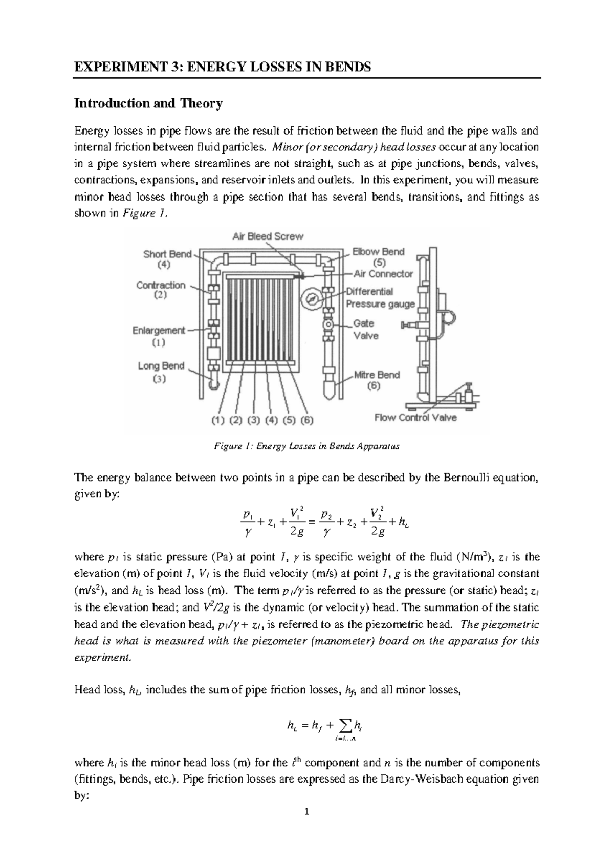 Experiment 3 - EXPERIMENT 3 : ENERGY LOSSES IN BENDS Introduction and ...