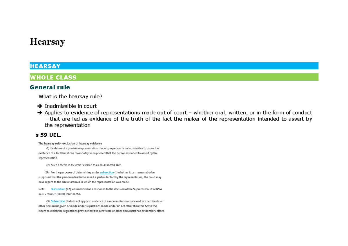 5. Hearsay Lecture Notes - Hearsay HEARSAY WHOLE CLASS General rule ...