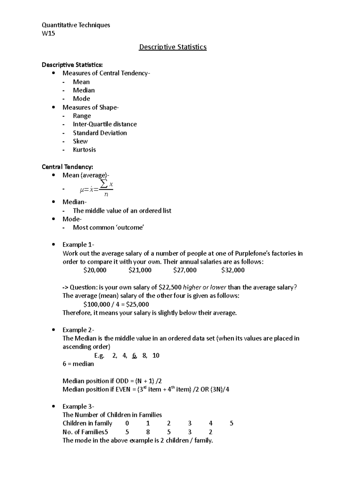 Quantitative methods - W Descriptive Statistics Descriptive Statistics ...