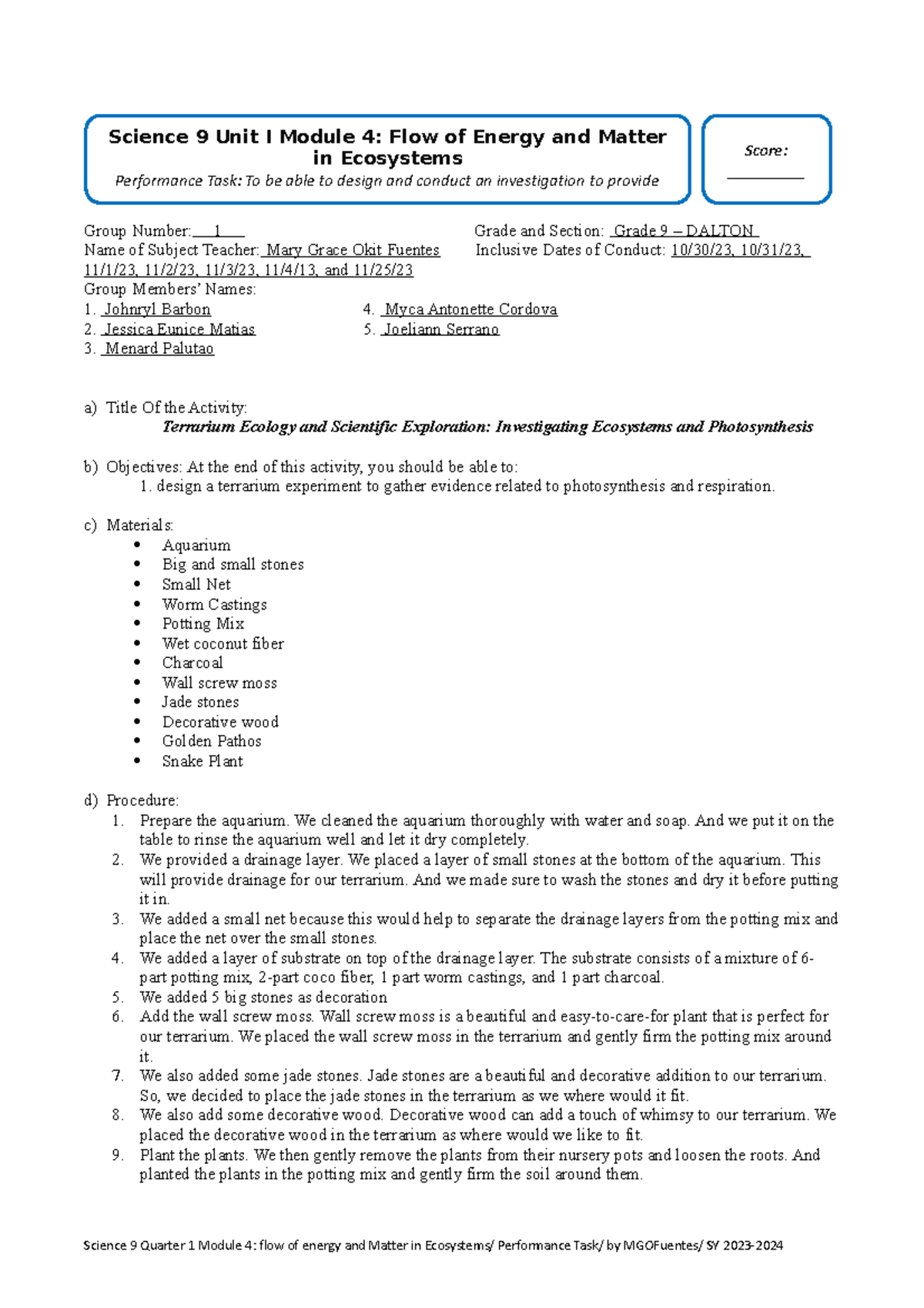 Group 1 Terrarium Worksheet and Rubric - Group Number: 1 Grade and ...