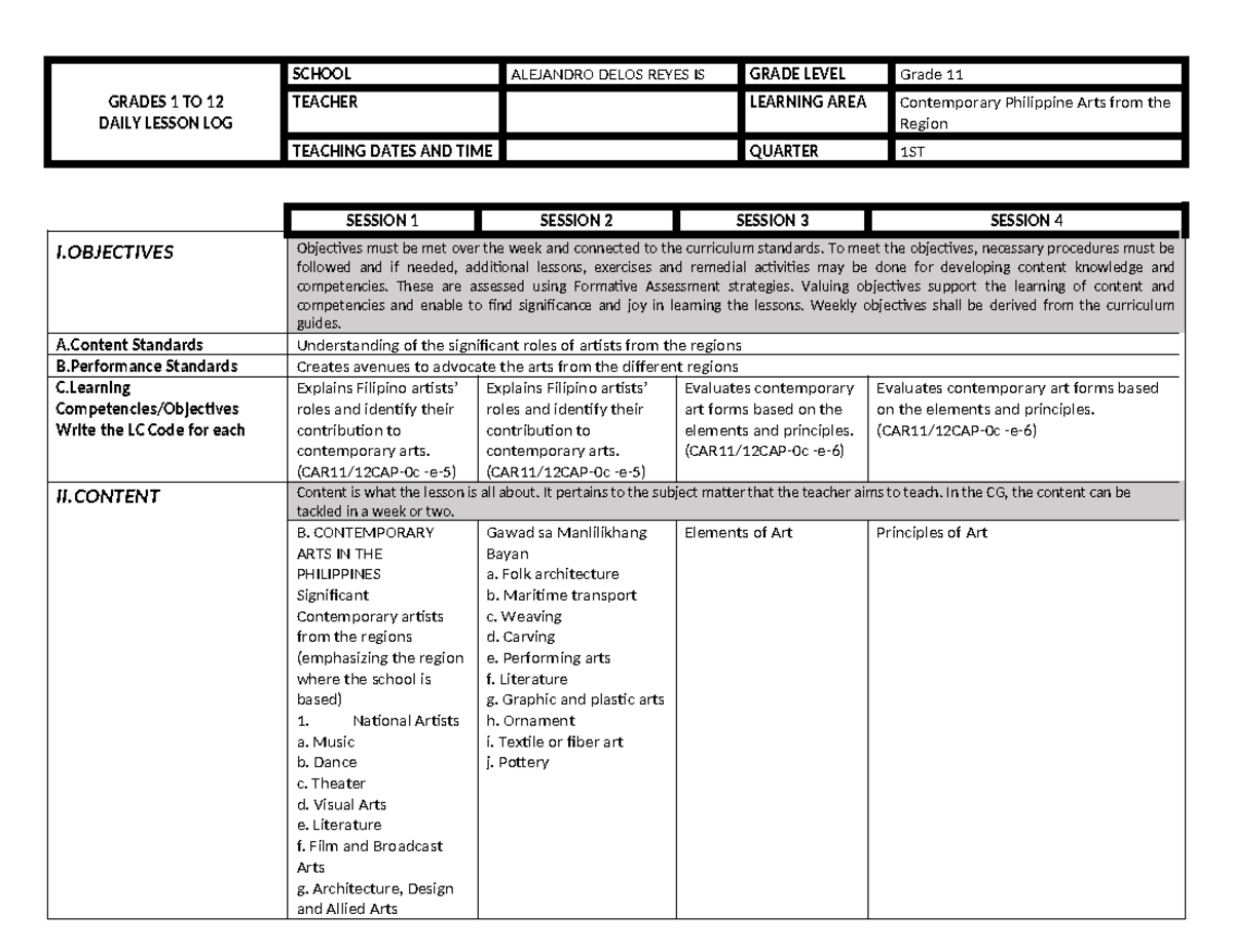 DLL1 - Daily Lesson Log - GRADES 1 TO 12 DAILY LESSON LOG SCHOOL ...