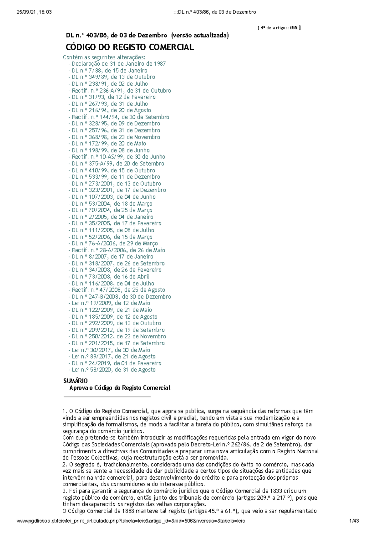 DL n.º 403 86, Cod Reg Comercial - [ Nº de artigos: 155 ] DL n.º 403/86 ...