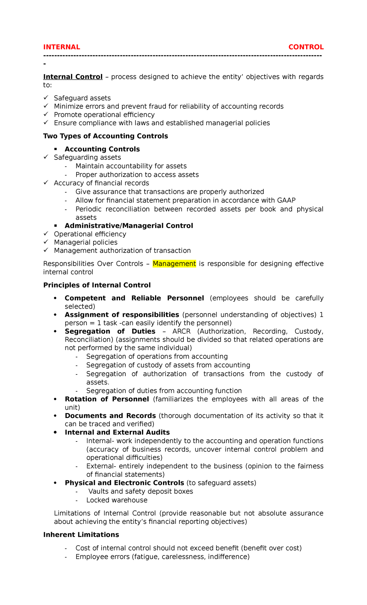 Notes on Week 2 - INTERNAL CONTROL - Internal Control – process ...
