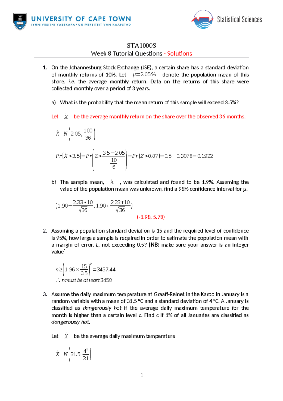 STA1000S week 8 tutorial solutions - ####### STA1000S ####### Week 8 ...