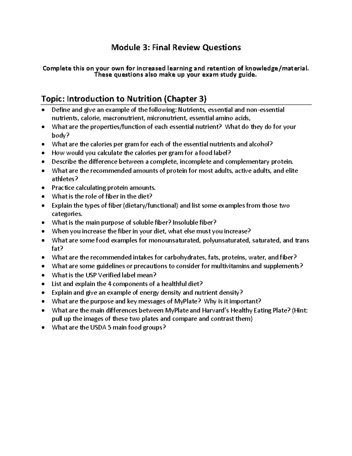 Module 3 Exam Study Guide Intro to Nutrition - Module 3: Final Review ...