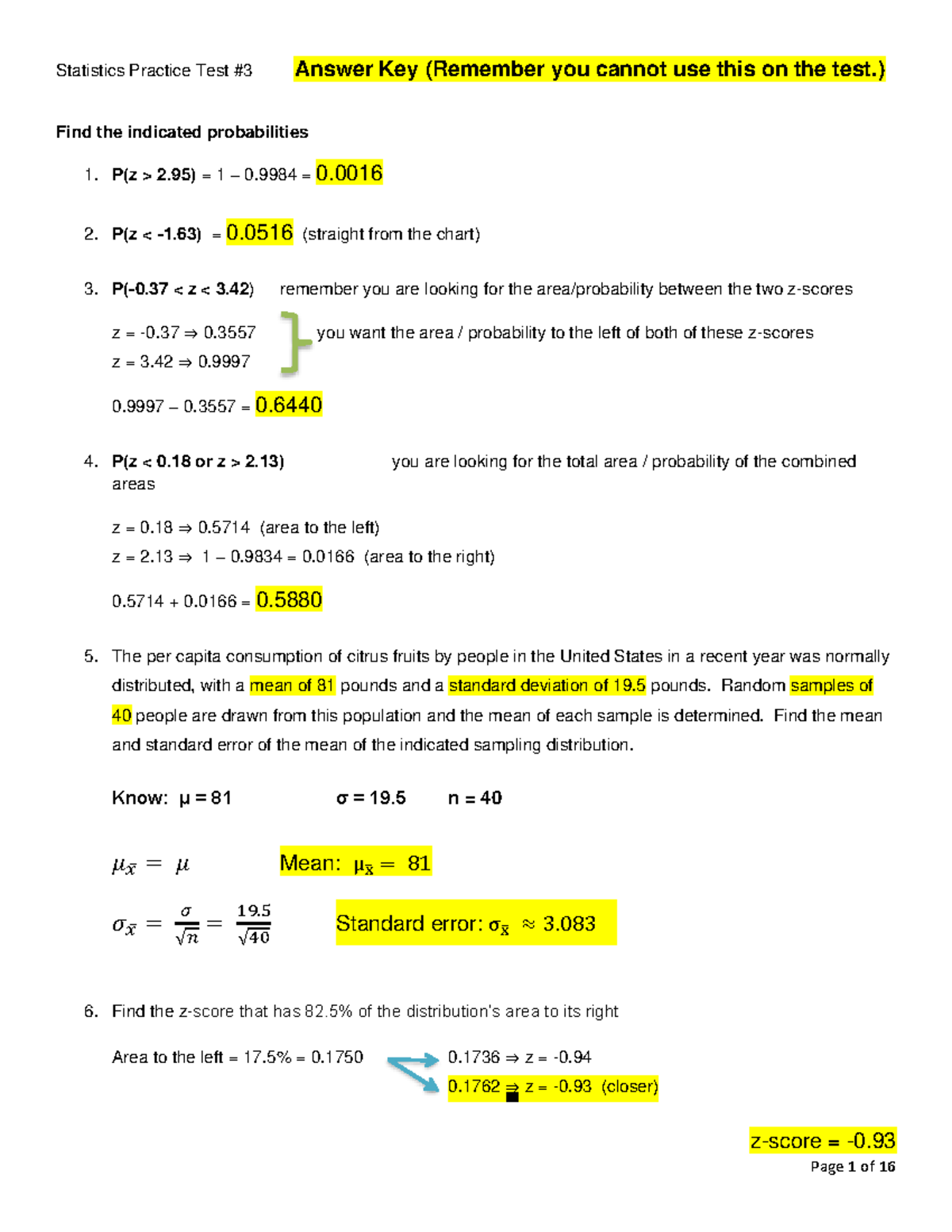 Practice Test #3 Answer Key - Version 4 - Statistics Practice Test #3 ...
